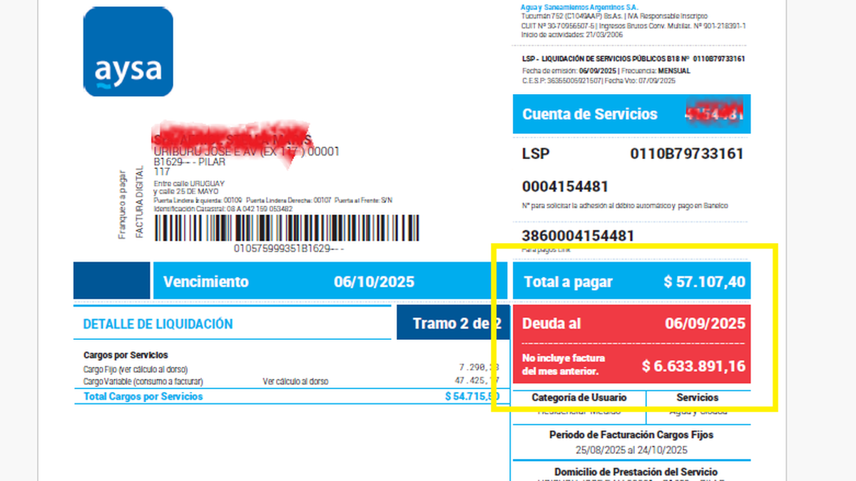 $6,6 millones: en una vivienda de Pilar recibieron la factura de Aysa más alta de la historia